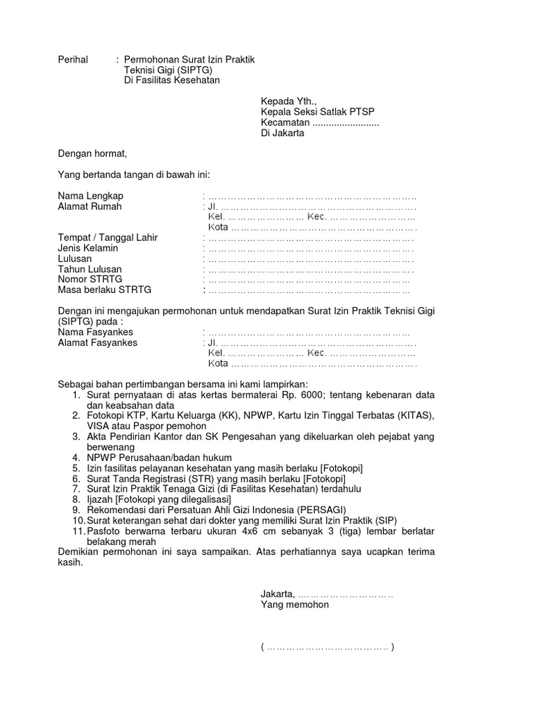 Permohonan Surat Izin Praktik Teknisi Gigi | PDF | Hukum