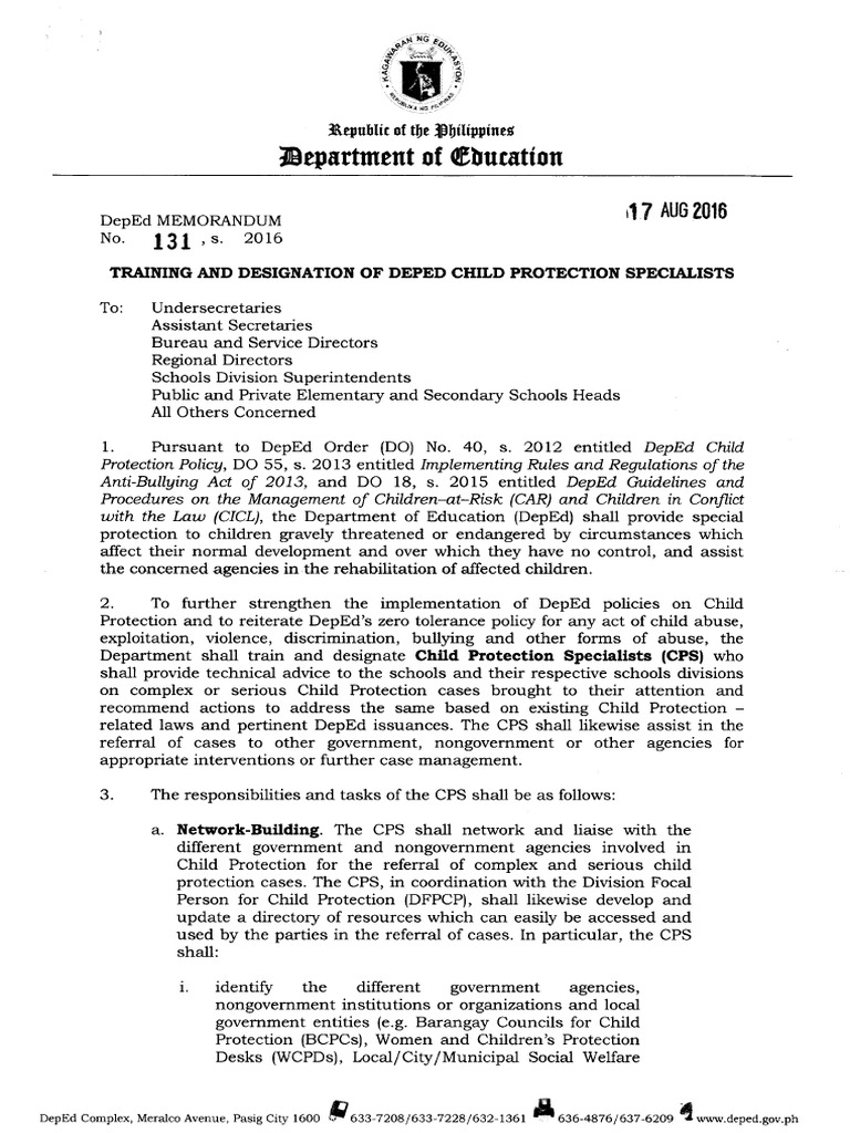 DM 131 S. 2016 Training and Designation of DEPED Child Protection ...