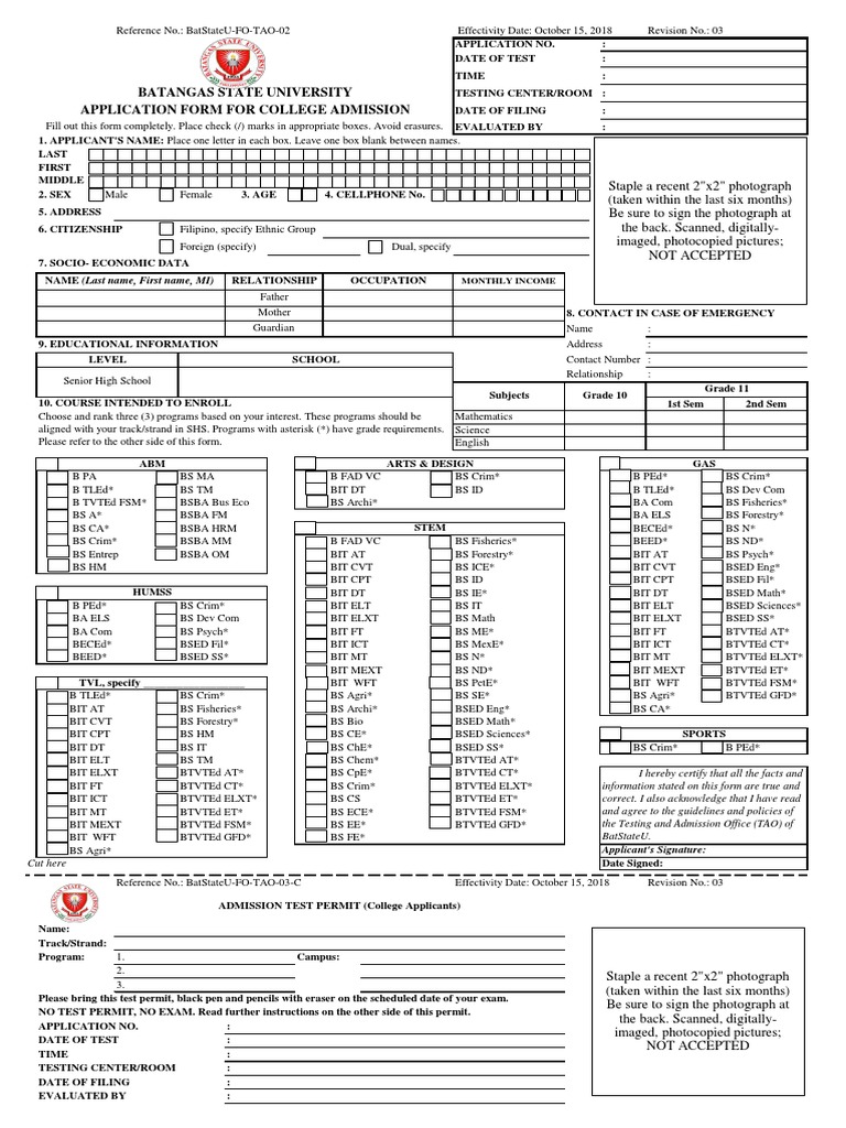 Batangas State University Admission Form | PDF | University And College ...