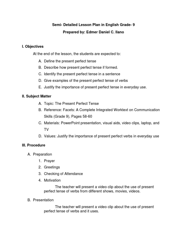 Semi-Detailed Lesson Plan | PDF | Perfect (Grammar) | Grammatical Tense