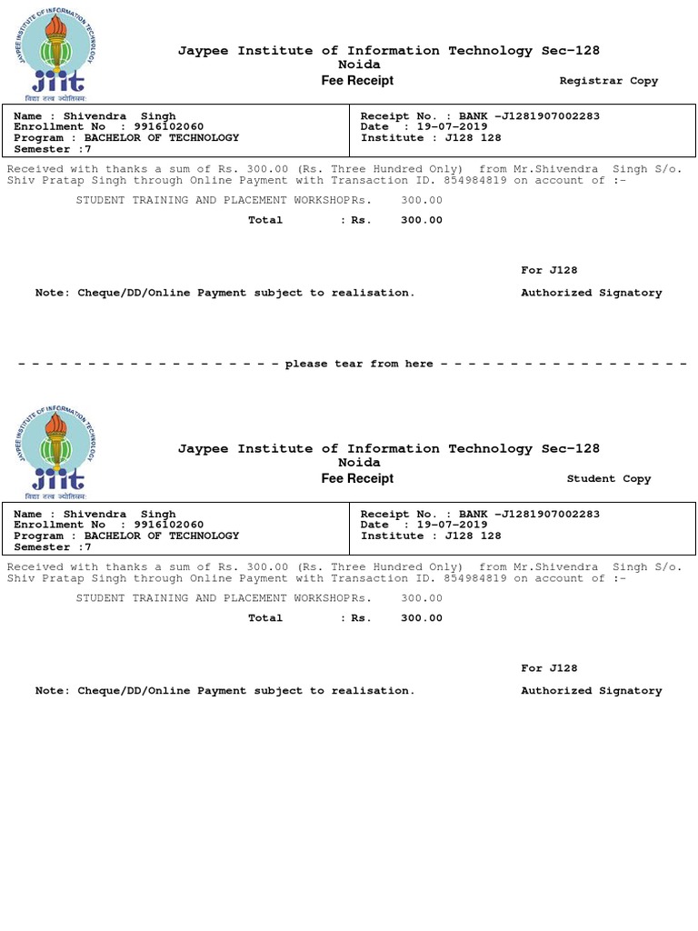 Jaypee Institute of Information Technology Sec-128 Noida: Fee Receipt | PDF
