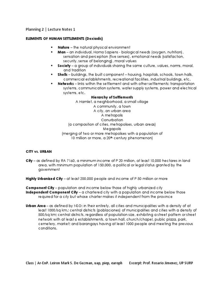Planning 2 A4 Review Planning Elements of Human Settlement | PDF ...