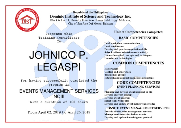 Johnico P. Legaspi: Dominic Institute of Science and Technology Inc ...
