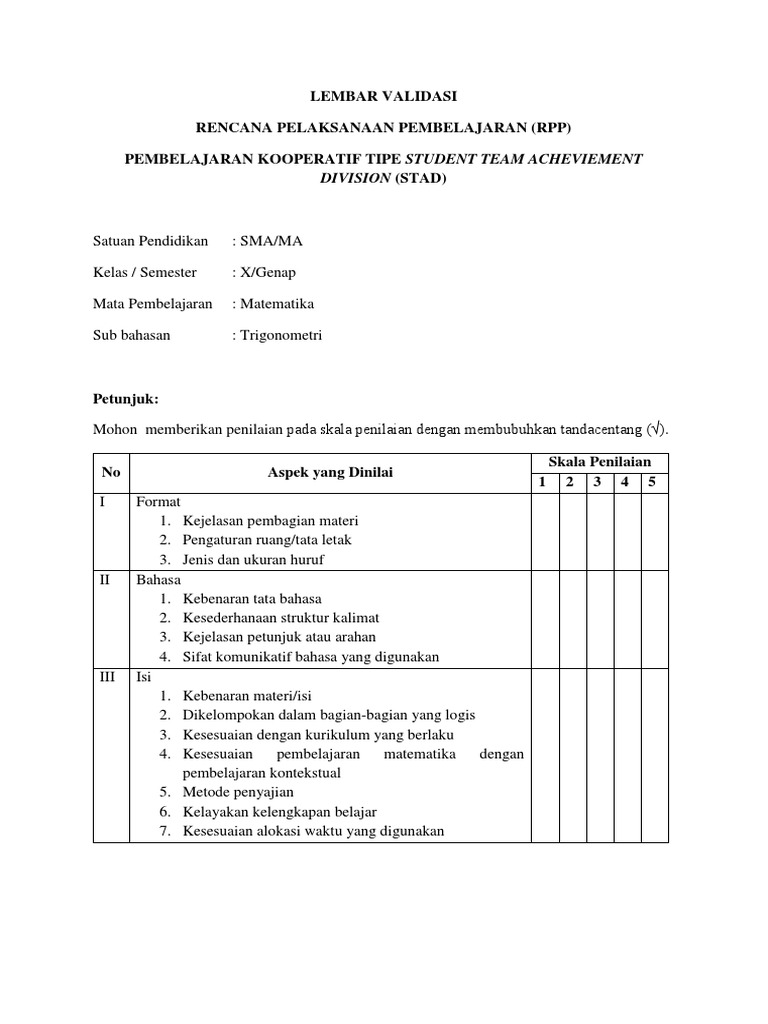 Lembar Validasi RPP Dan Instrumen-2 | PDF
