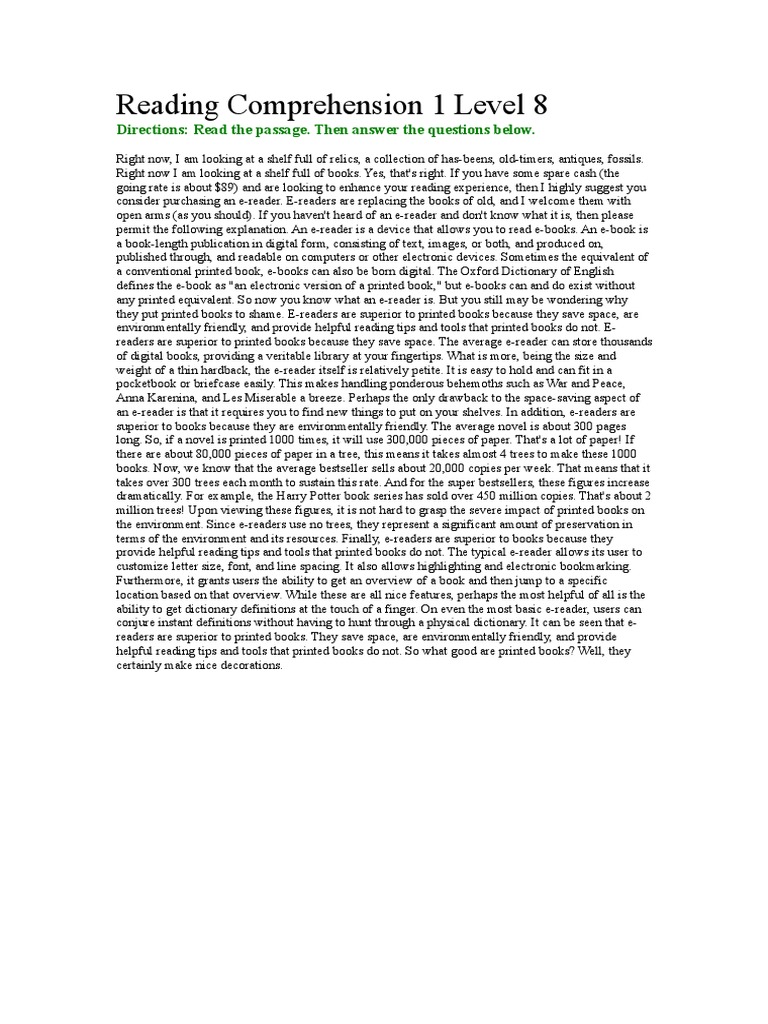 Reading Comprehension 1 Level 8: Directions: Read The Passage. Then ...