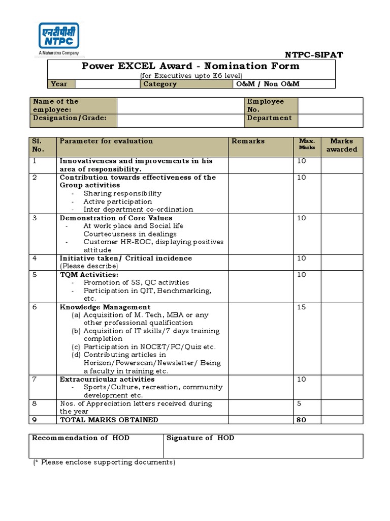 Power EXCEL Award Nomination Form | PDF | Business | Learning