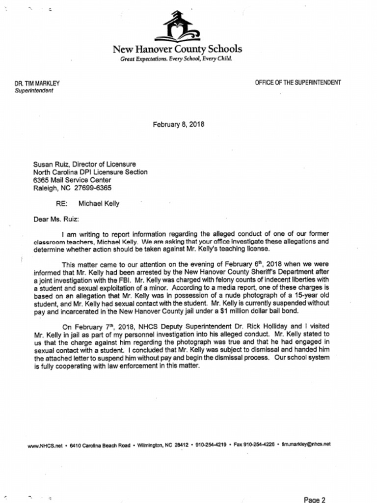 Dr. Tim Markley Letter To NCDPI Re: Michael Earl Kelly | PDF
