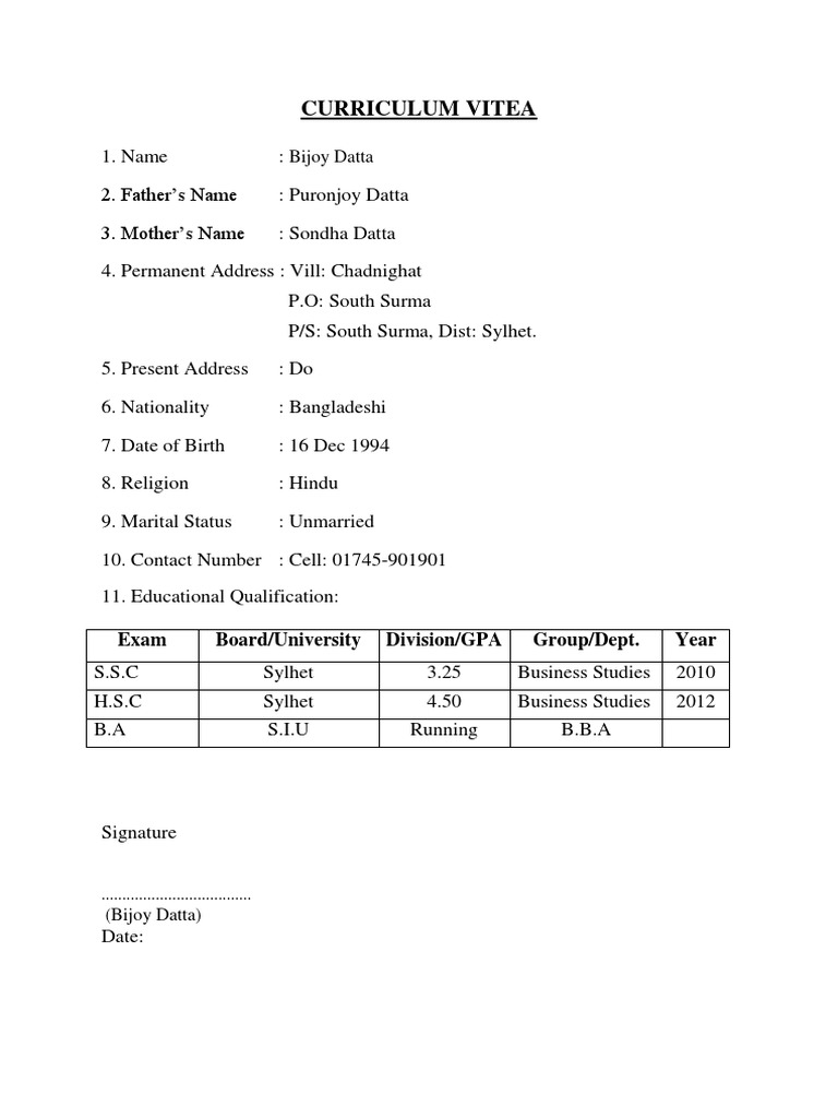 Curriculum Vitea: Bijoy Datta | PDF | Qualifications | Educational ...