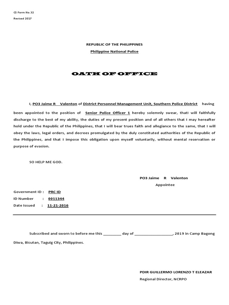 PNP Oath of Office for Police Officers | PDF