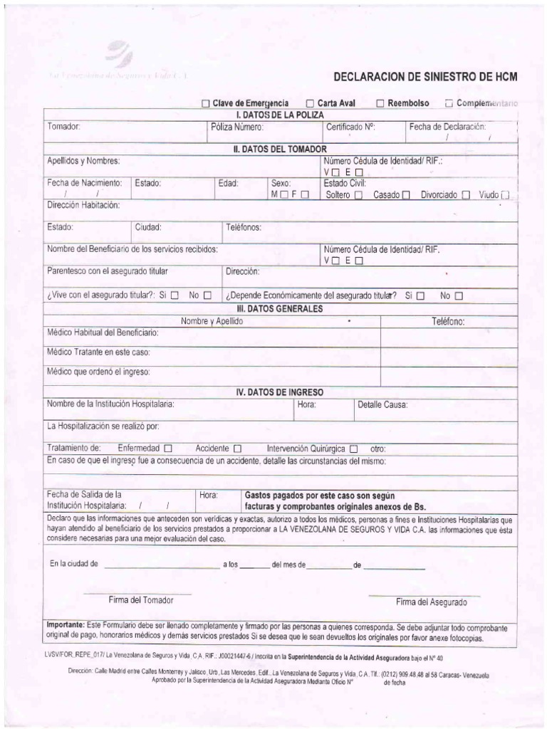 Planilla de Declaracion de Siniestro | PDF | Póliza de seguros | Salud y bienestar