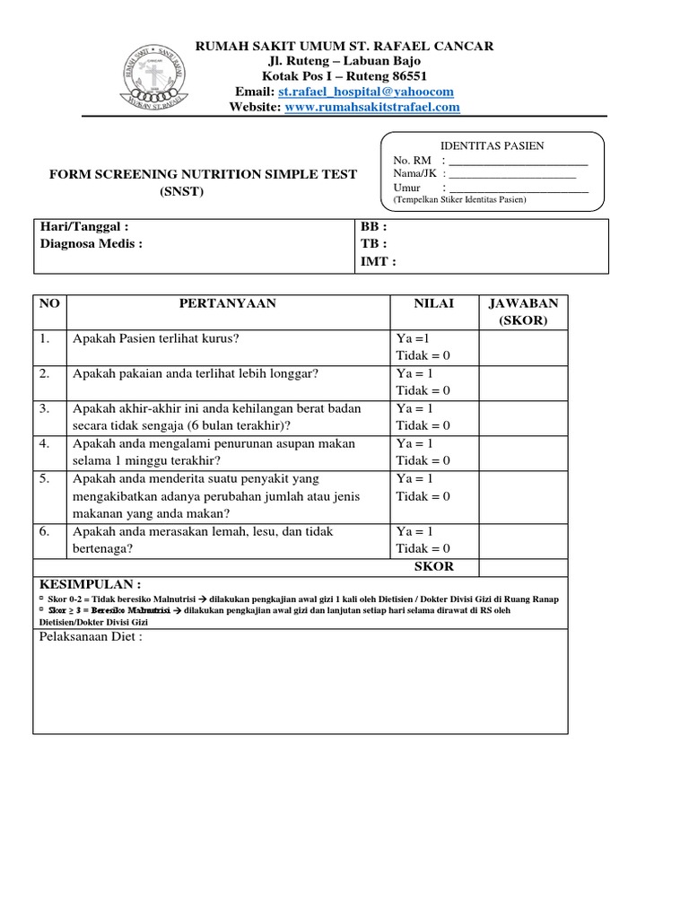 Formulir Skrining Gizi SNST Rumah Sakit | PDF
