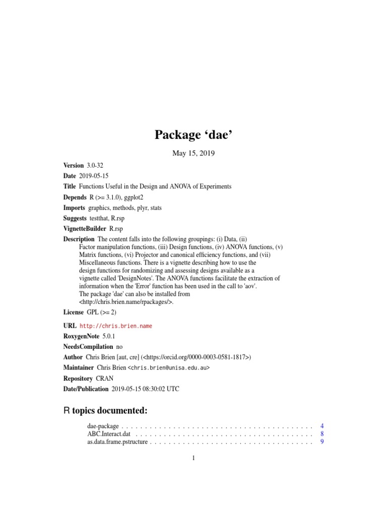 Package Dae': R Topics Documented | PDF | Matrix (Mathematics) | Analysis Of Variance