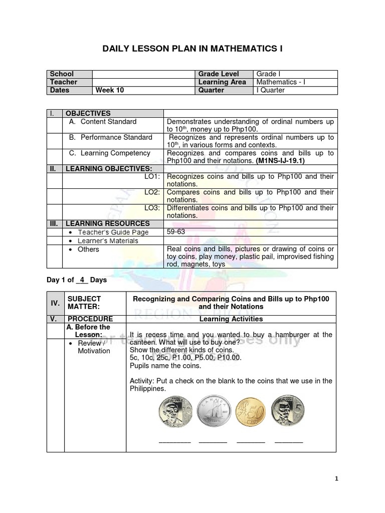 Daily Lesson Plan in Mathematics I | PDF | Cognition | Learning