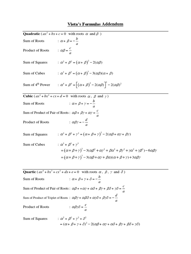 Vieta's Formula Addendum | PDF | Functions And Mappings | Complex Analysis