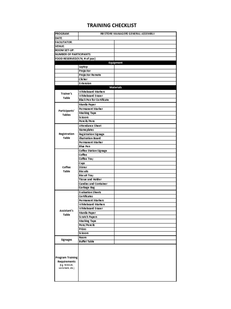 Training Checklist: Program: Date: Facilitator: Venue: Room Set-Up ...