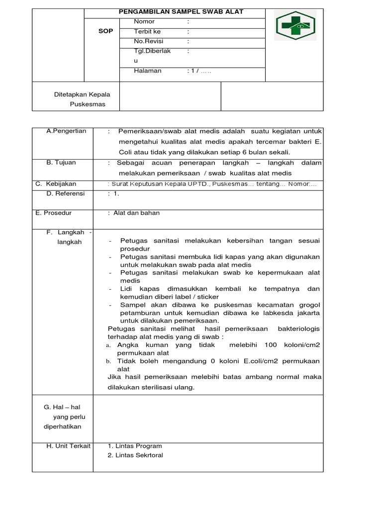 Sop Pengambilan Sampel Swab Alat | PDF