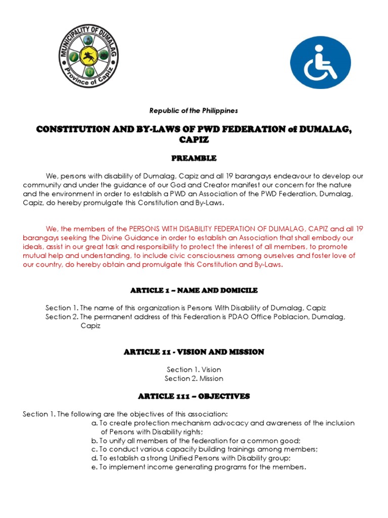 Constitution and By-Laws of PWD Dumalag | PDF | Board Of Directors ...