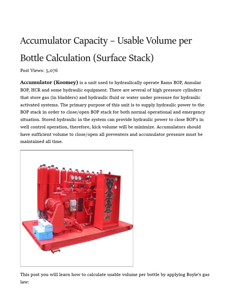 Accumulator Capacity Usable Volume Per Bottle Calculation Surface