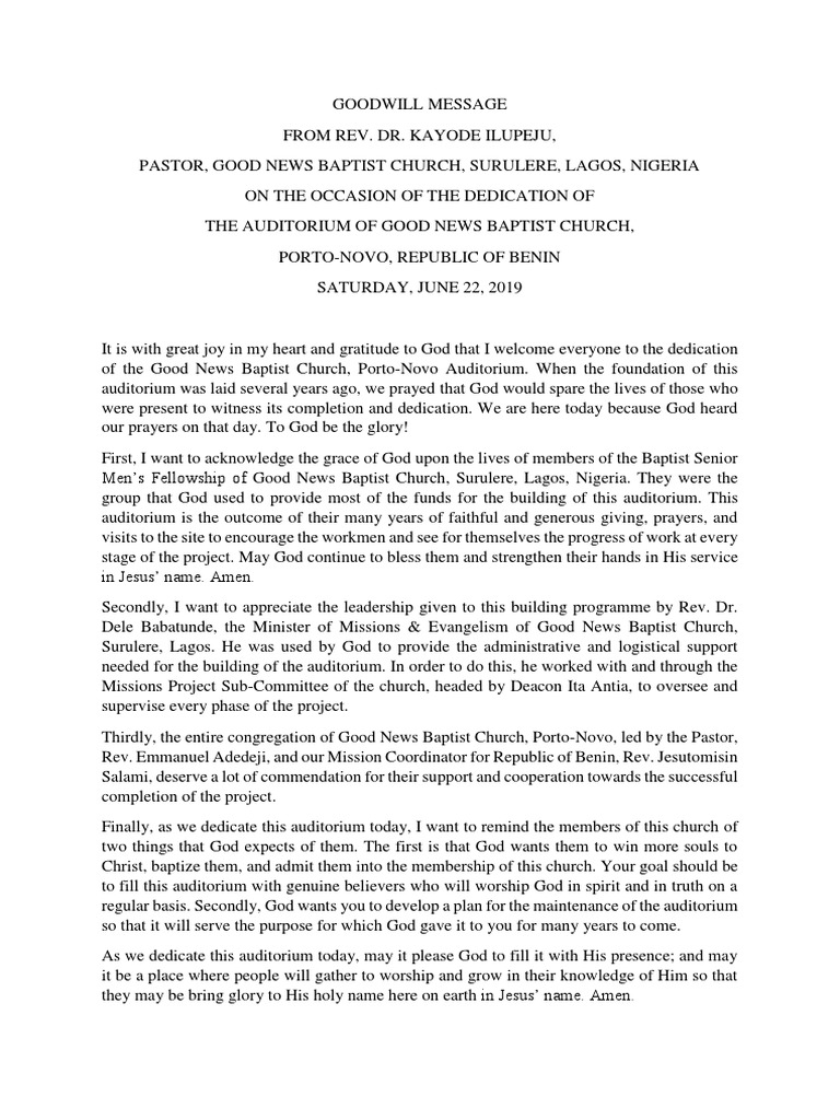 Goodwill Message at The Dedication Service For GNBC, Porto-Novo ...