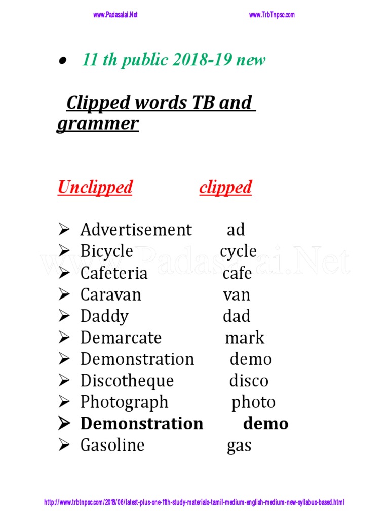 11th English Clipped Words Study Material English Medium | PDF