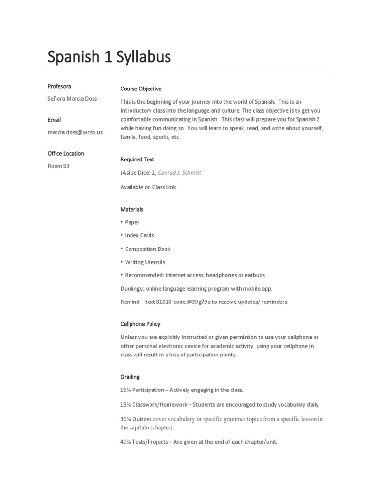 Spanish 1 Syllabus | PDF | Career & Growth | Language Arts & Discipline