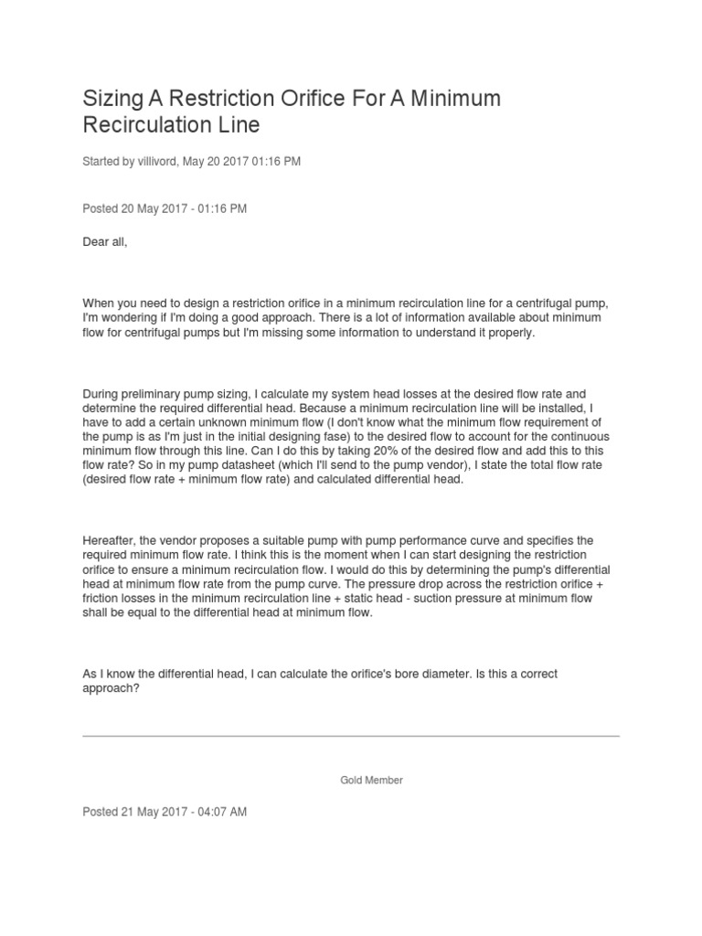 Restriction Orifice Sizing For A Minimum Recirculation Line | PDF ...