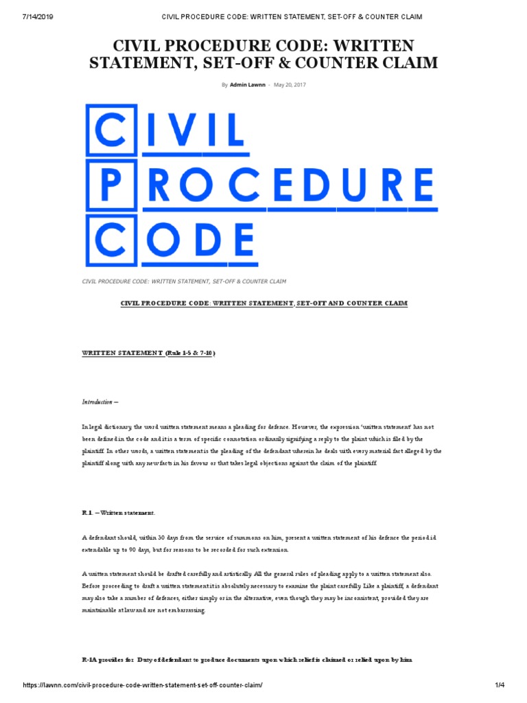 Written Statement, Set-Off & Counter Claim | PDF | Pleading | Cause Of ...