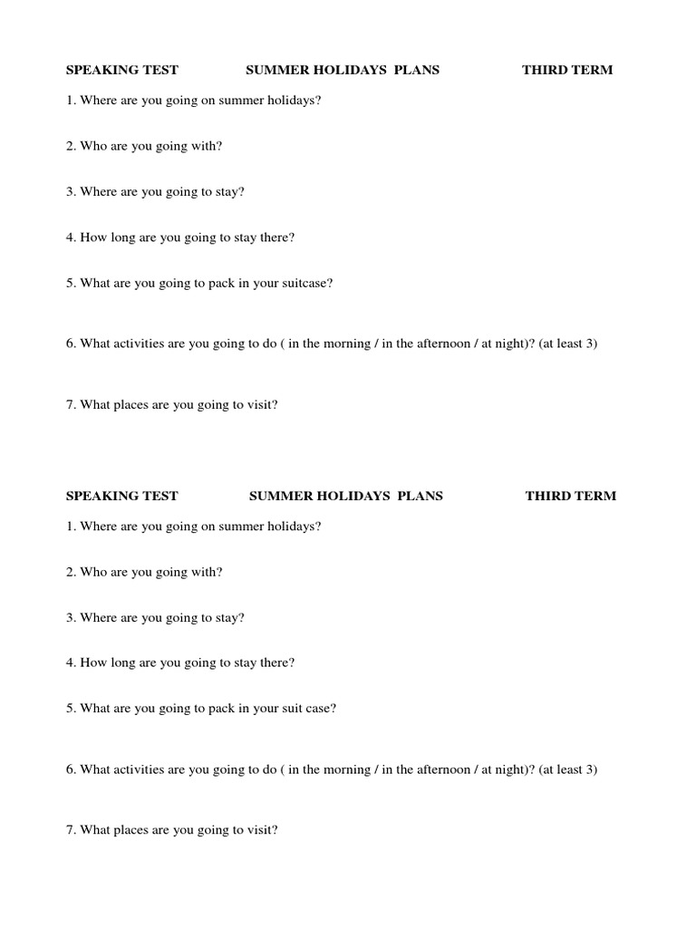 Speaking Test Summer Holidays Plans Third Term | PDF