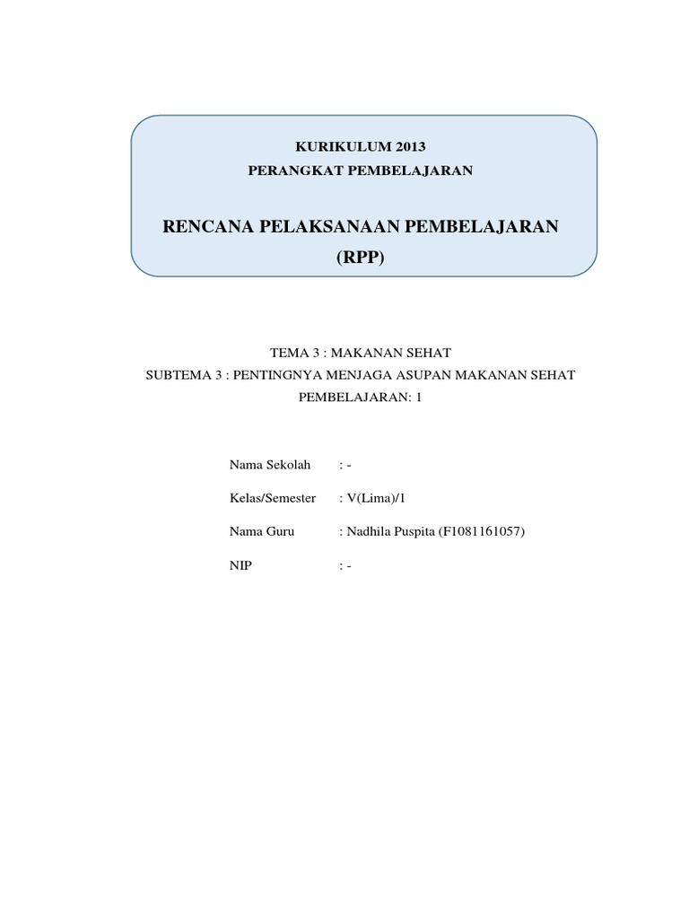 Contoh RPP - Tematik Terpadu Nadhila - 5 | PDF