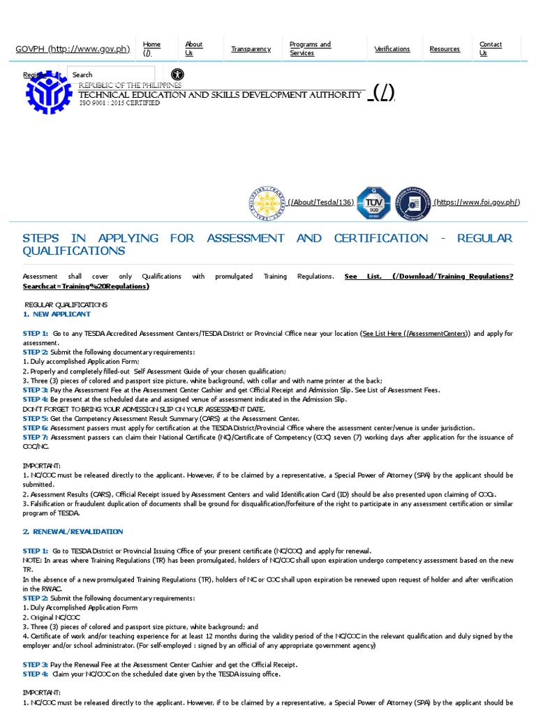 Steps in Applying For Assessment and Certification - Regular ...
