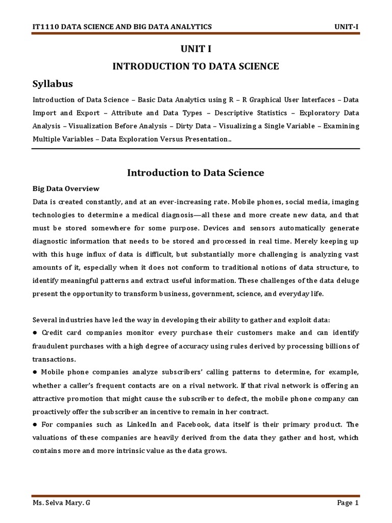 Unit I Introduction To Data Science Syllabus | Download Free PDF | Big ...