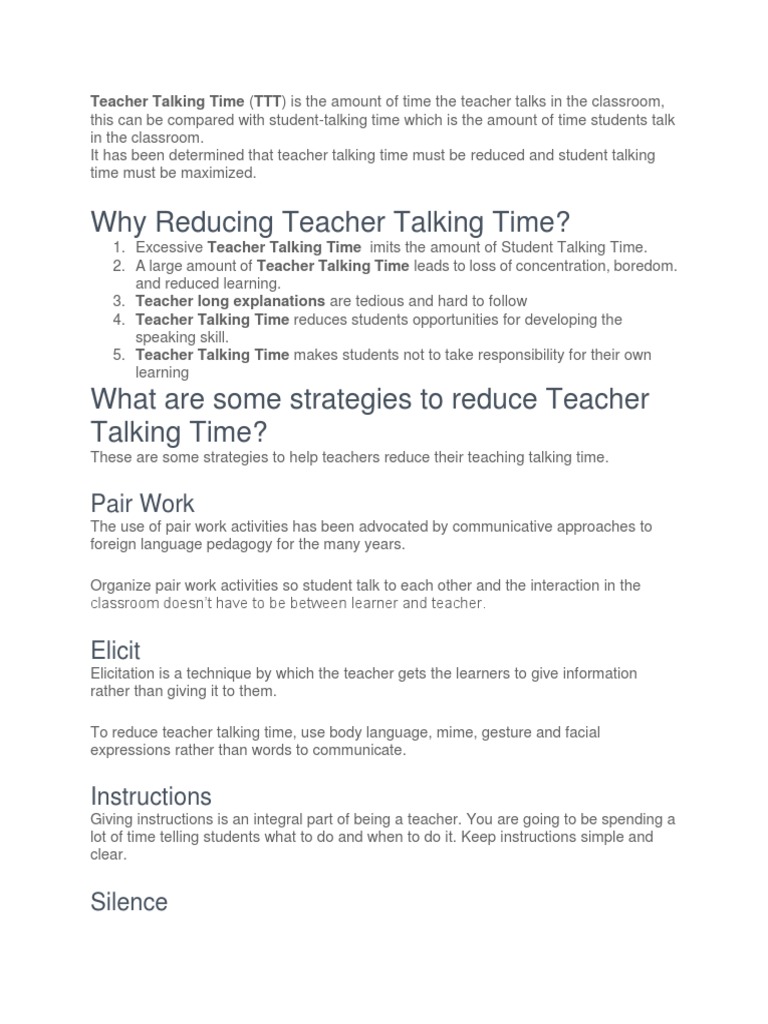 Why Reducing Teacher Talking Time?: Pair Work | PDF | Teachers ...