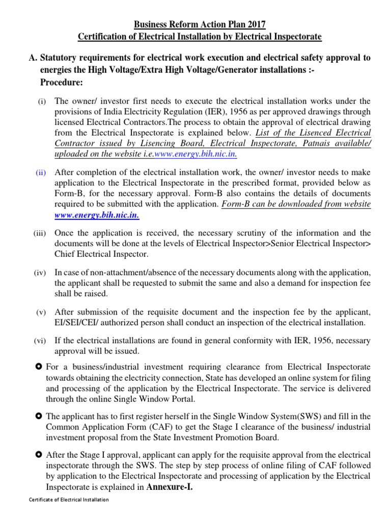 Certification by Electrical Inspectorate | PDF | Electrical Wiring ...