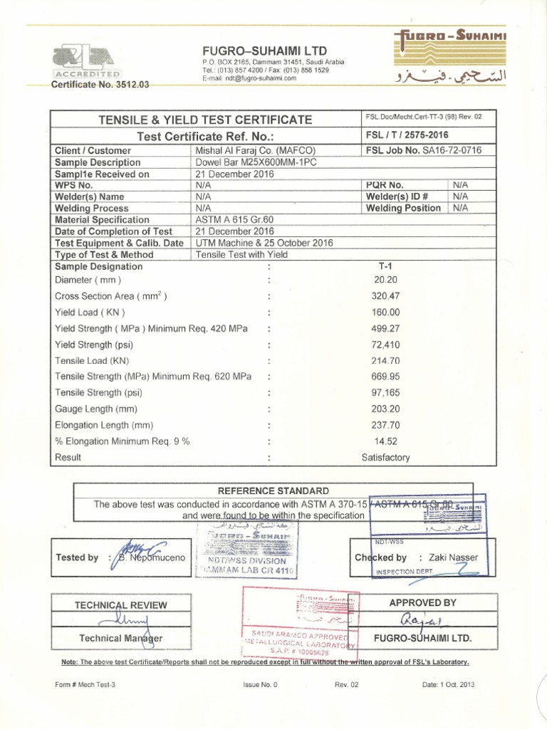 Test Report For Astm A615 GR 60 - 25mm | PDF