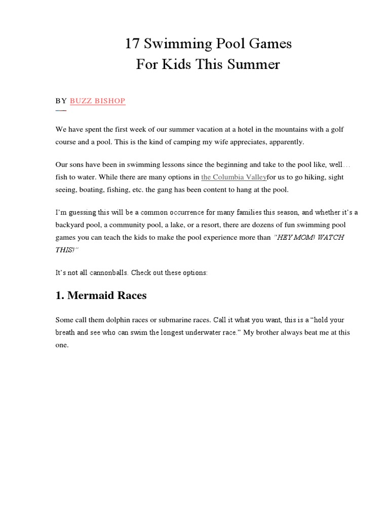 17 Swimming Pool Games For Kids This Summer: 1. Mermaid Races | PDF ...