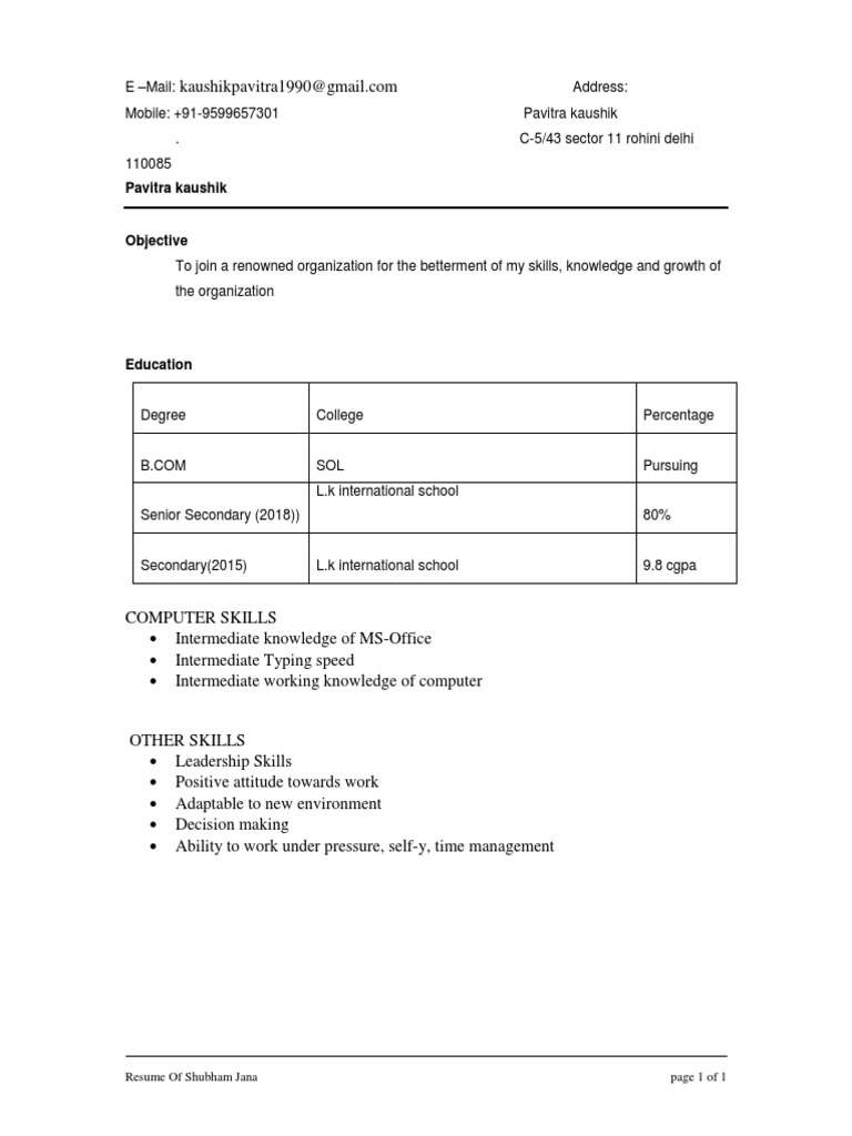 Pavitra Kaushik: Resume of Shubham Jana Page 1 of 1 | PDF