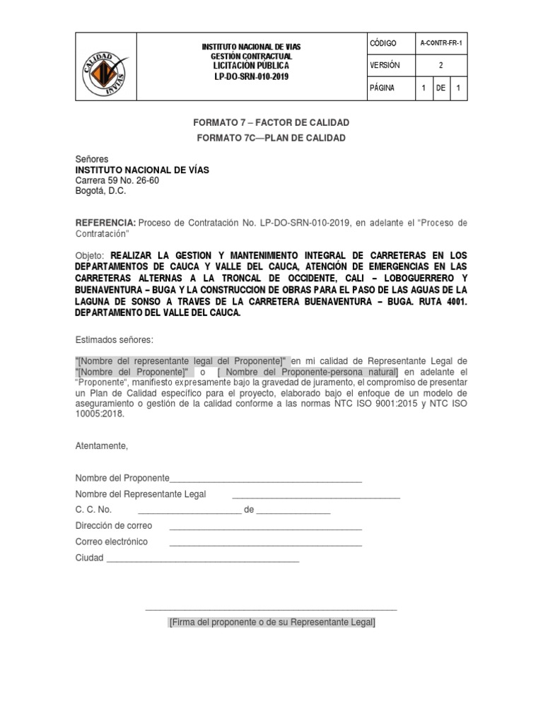 Formato 7 - Factor De Calidad Formato 7c - Plan De Calidad: Licitación 