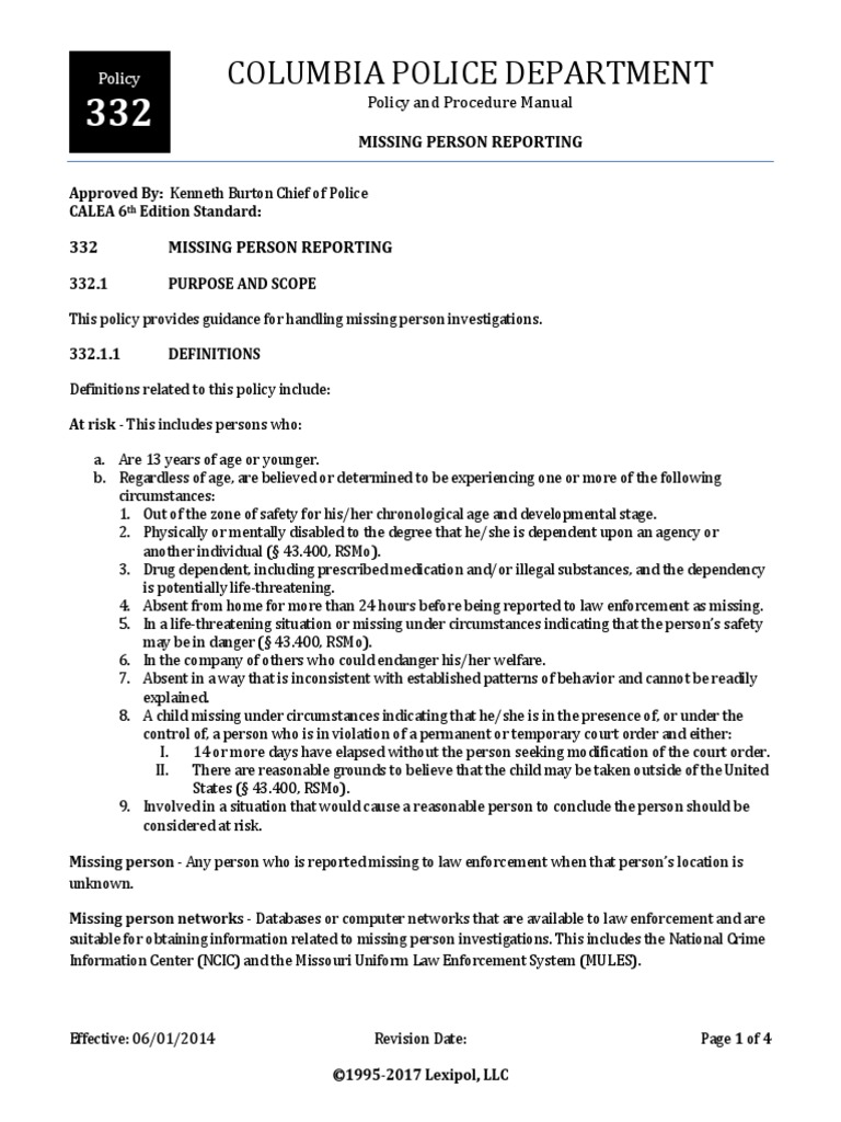 Columbia Police Department: Missing Person Reporting | PDF | Reasonable ...