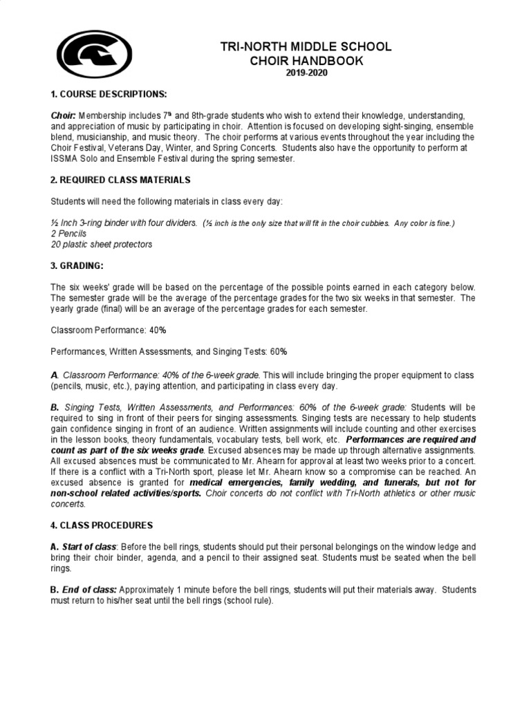 Tri-North Middle School Choir Handbook | PDF | Homework | Learning
