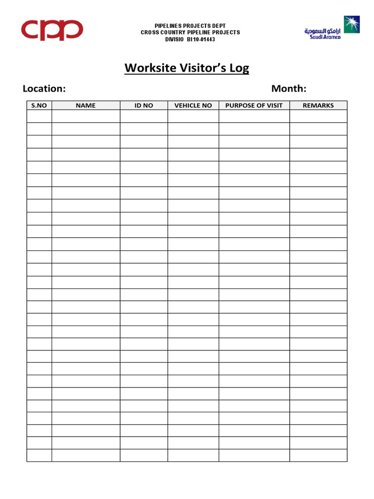 Worksite Visitor's Log: Location: Month | PDF
