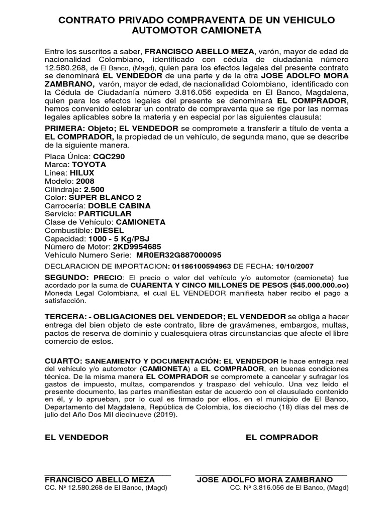 Contrato de Compraventa de Un Vehiculo Carro Camioneta Francisco Abello ...