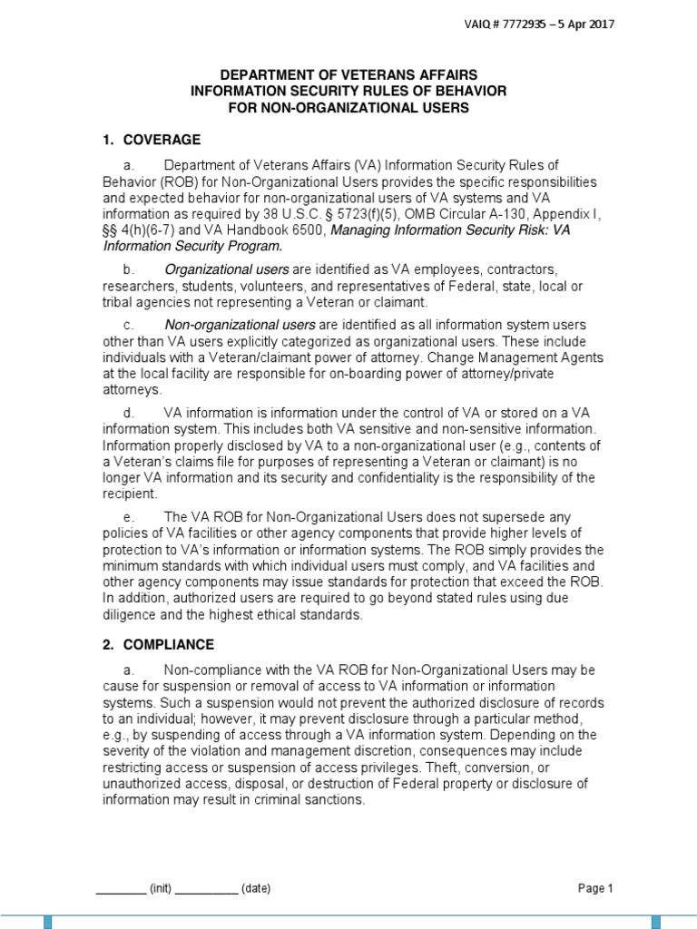 Department of Veterans Affairs Information Security Rules of Behavior ...