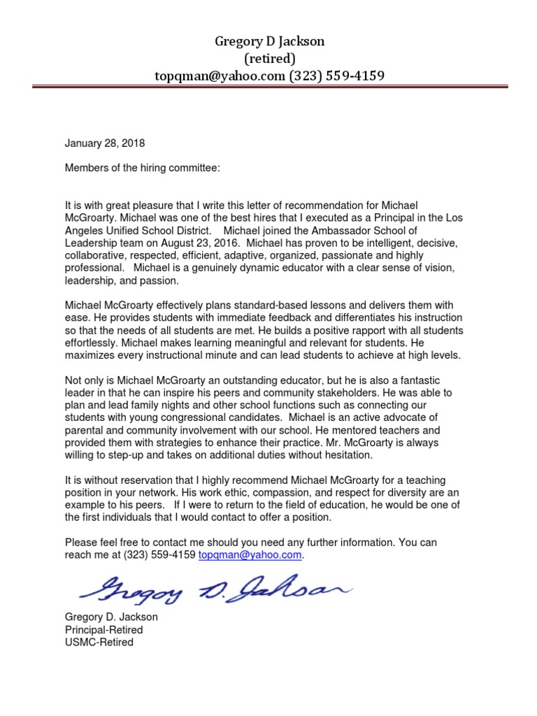Principal Greg Jackson Letter of Reference | PDF
