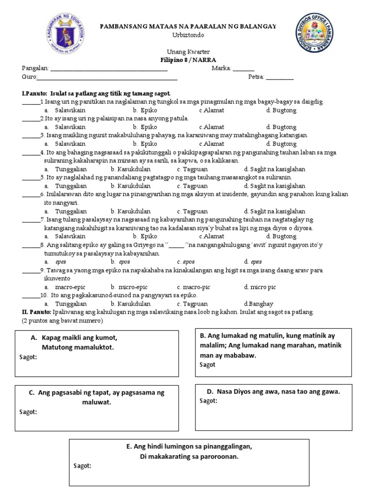 Filipino 8 (Test Question) | PDF