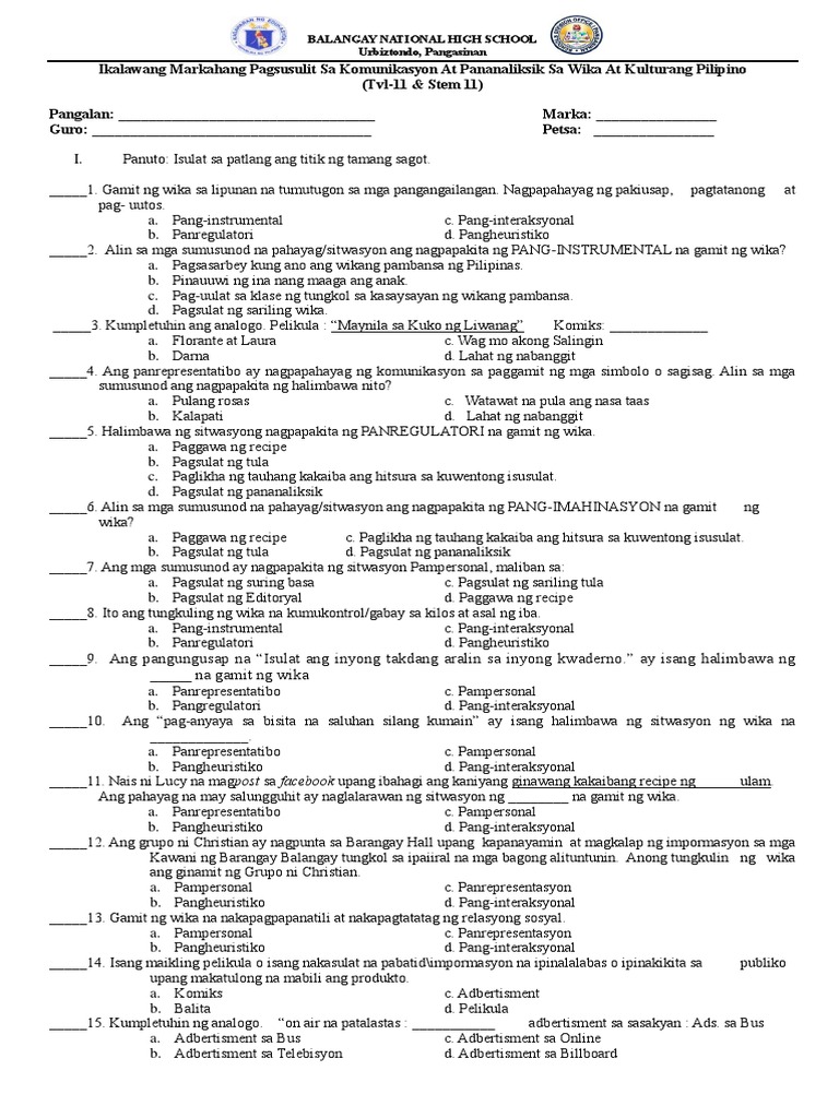 2nd Sem. Exam - Komunikasyon at Pananaliksik Sa Wika at Kulturang ...