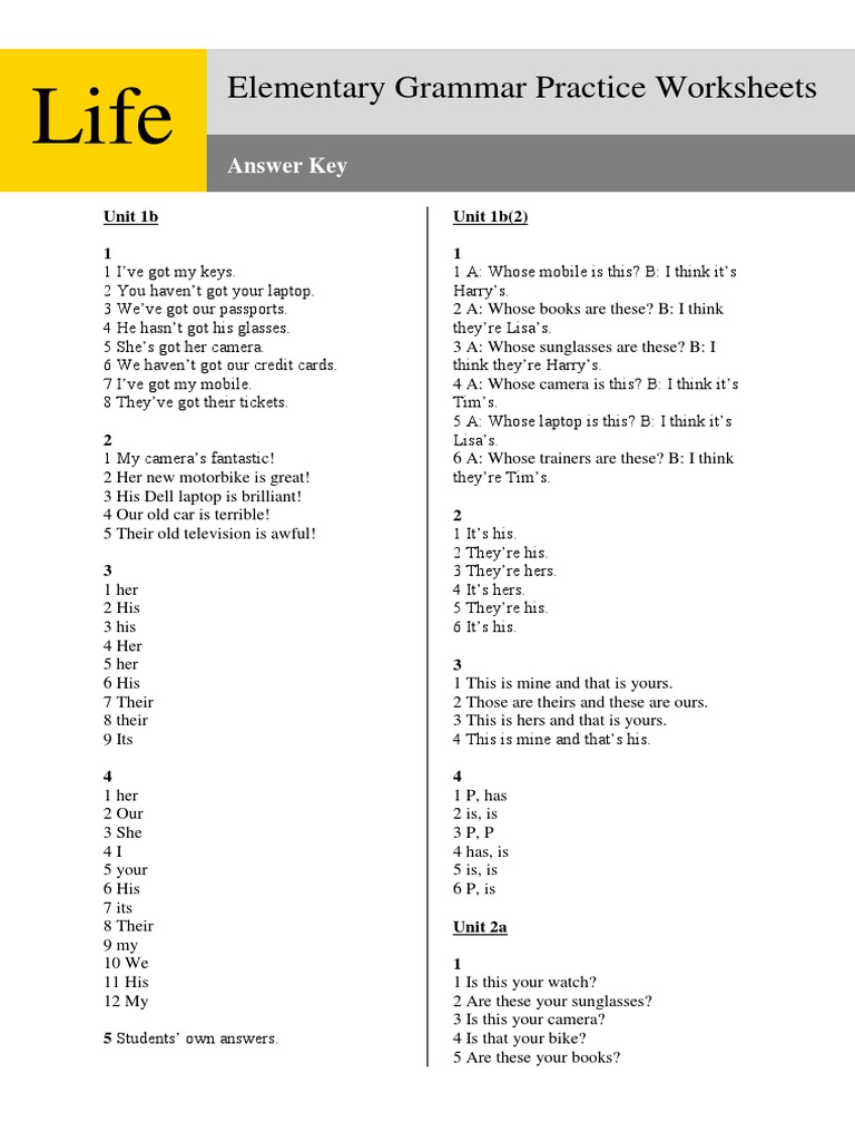 Elementary Grammar Practice Worksheets: Answer Key | PDF | Leisure | Foods