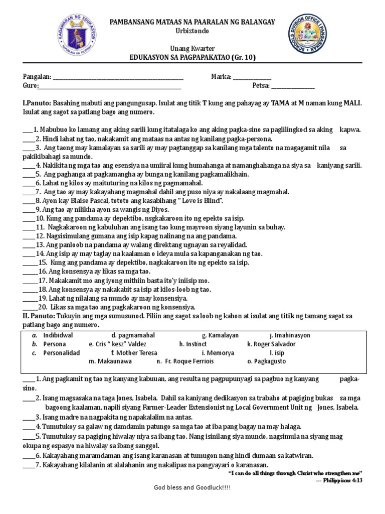 Unang Markahang Pagsusulit - Esp 10 | PDF