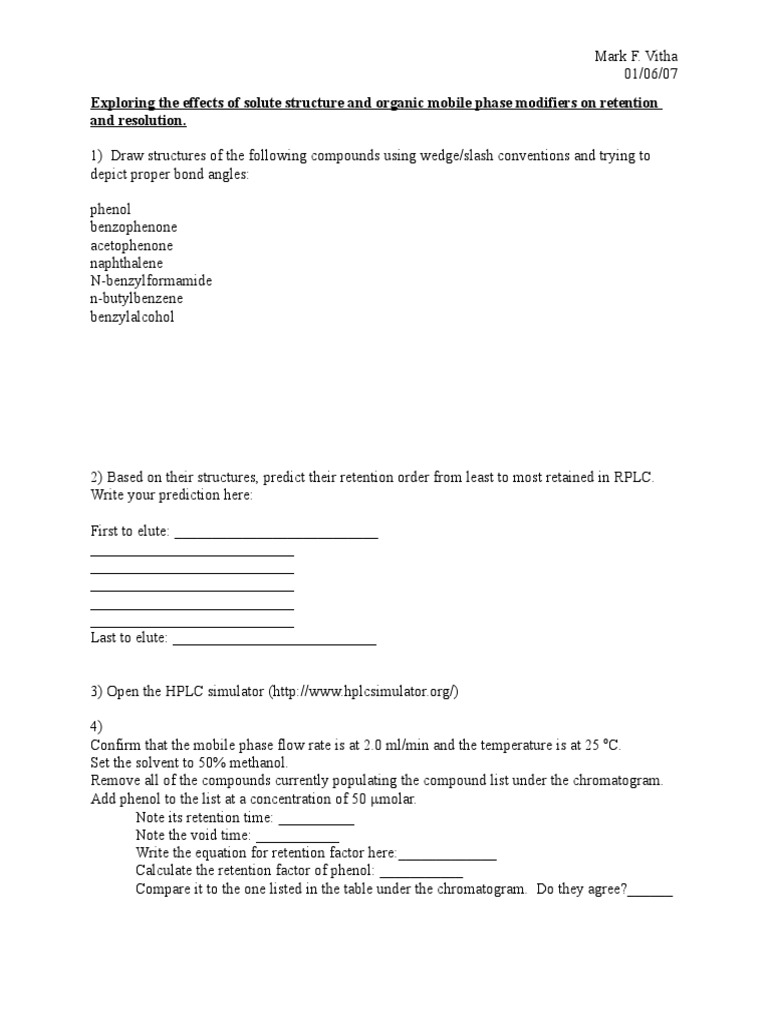 HPLC Simulator Exercise - Vitha | PDF | High Performance Liquid Chromatography | Chromatography