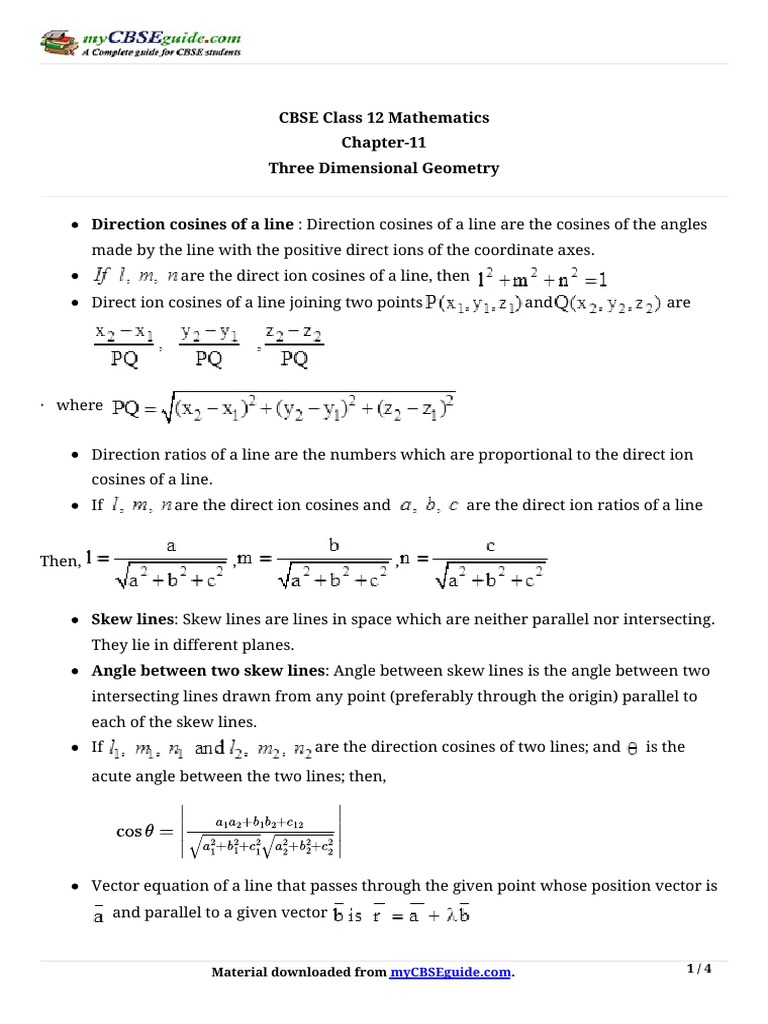 12 Maths Key Notes CH 11 Three Dimensional Geometry | PDF | Line ...