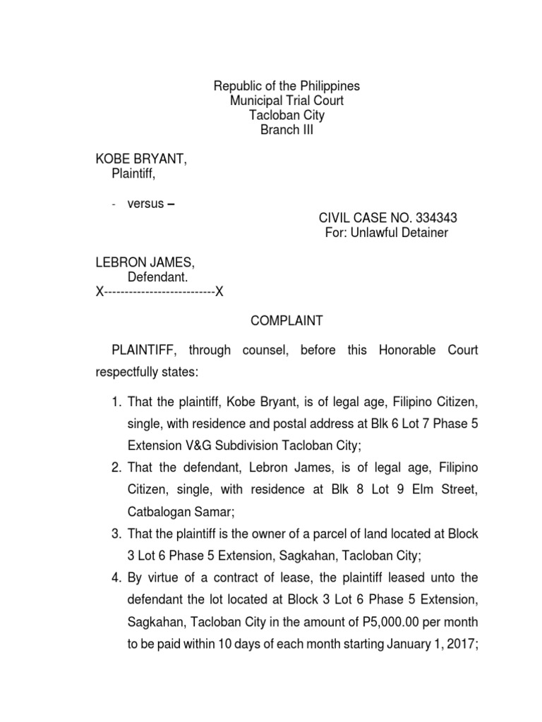 Complaint Sample Unlawful Detainer | Download Free PDF | Lawsuit | Justice